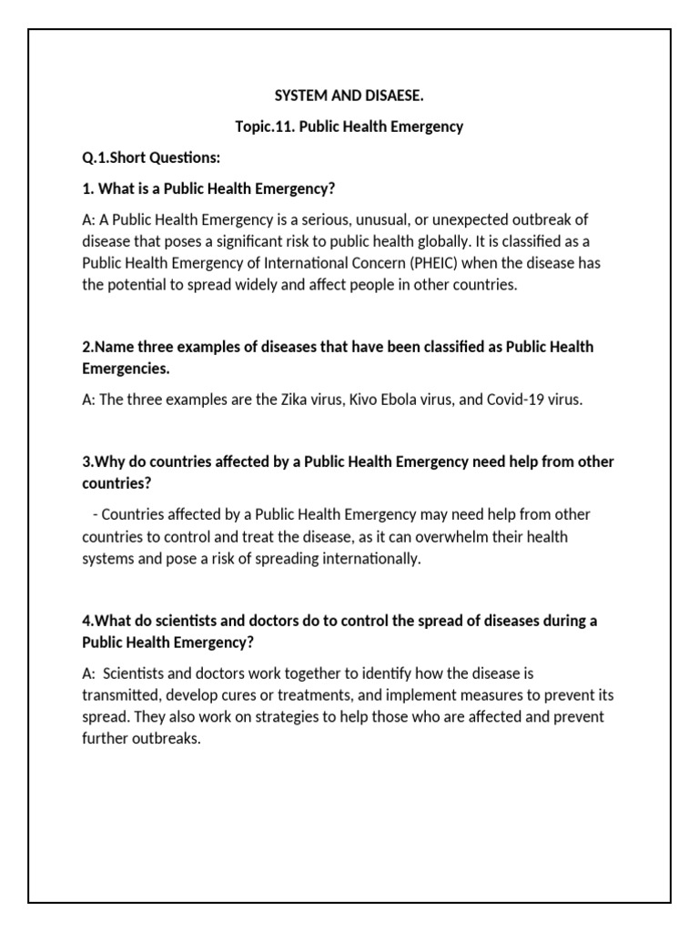 SYSTEM AND DISAESE topic 11 public health emergencey answer | PDF ...