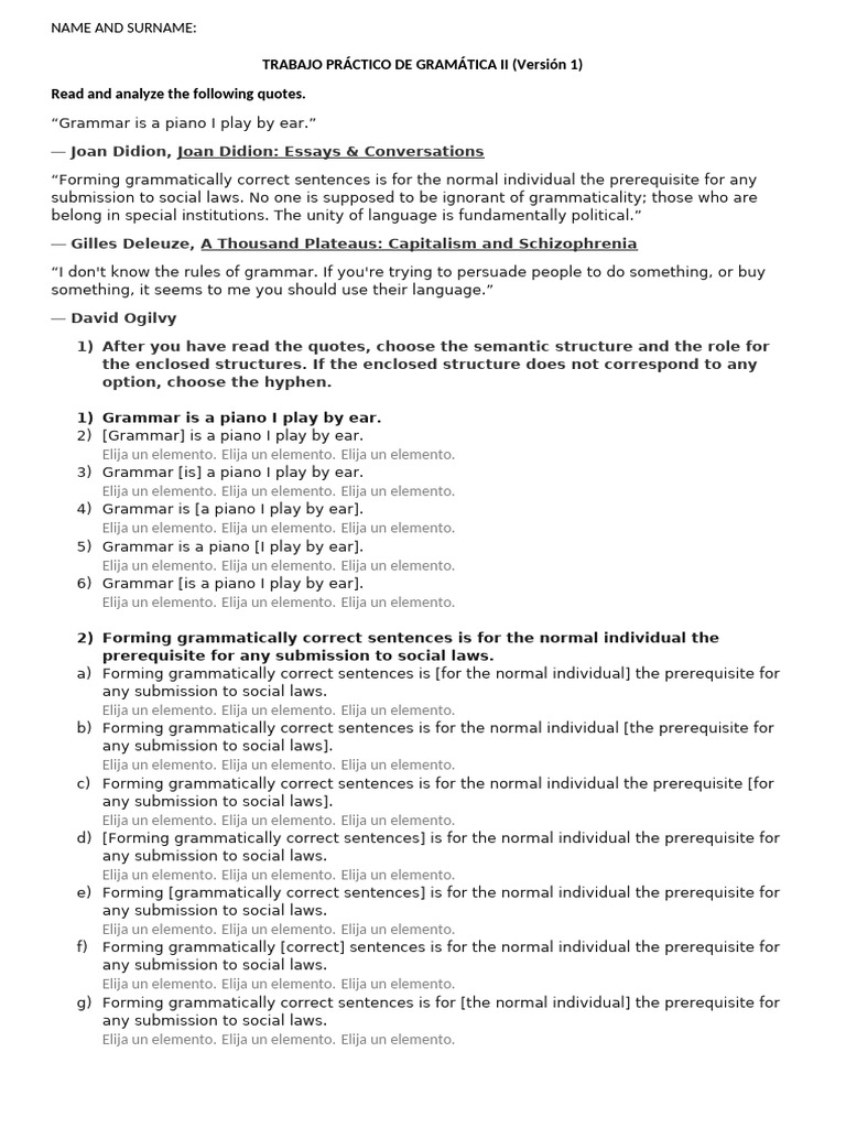 Trabajo Práctico de Gramática II 2023 | PDF | Predicate (Grammar) | Linguistic Typology