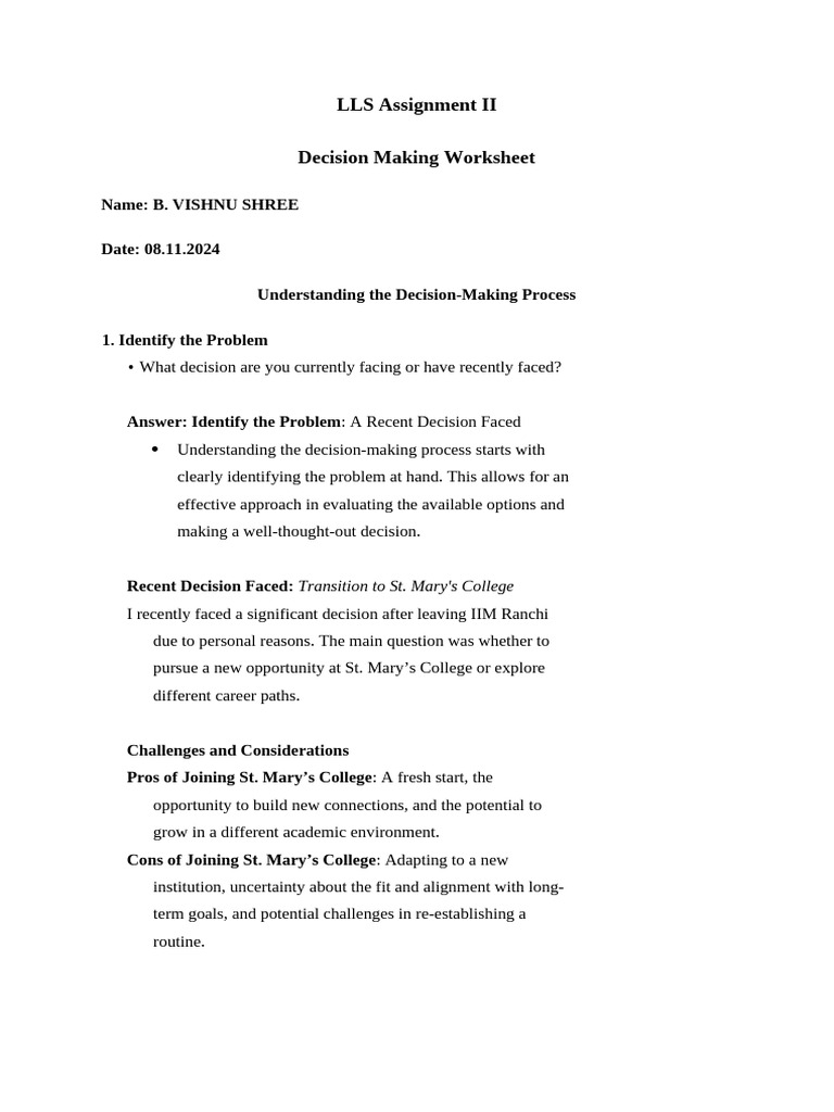 LLS Assignment II - Decision Making Worksheet | PDF | Decision Making ...