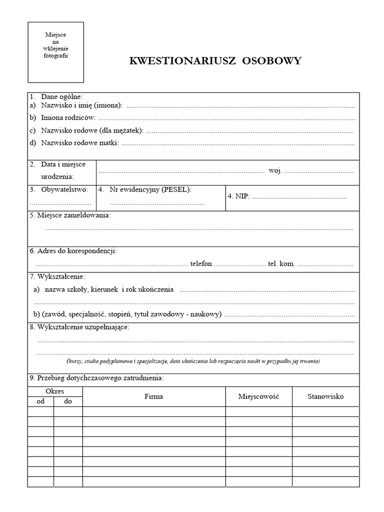 Kwestionariusz Obowiązujący | PDF