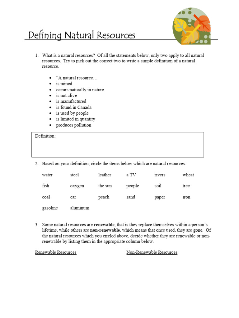 Defining Natural Resources (Worksheet) | PDF