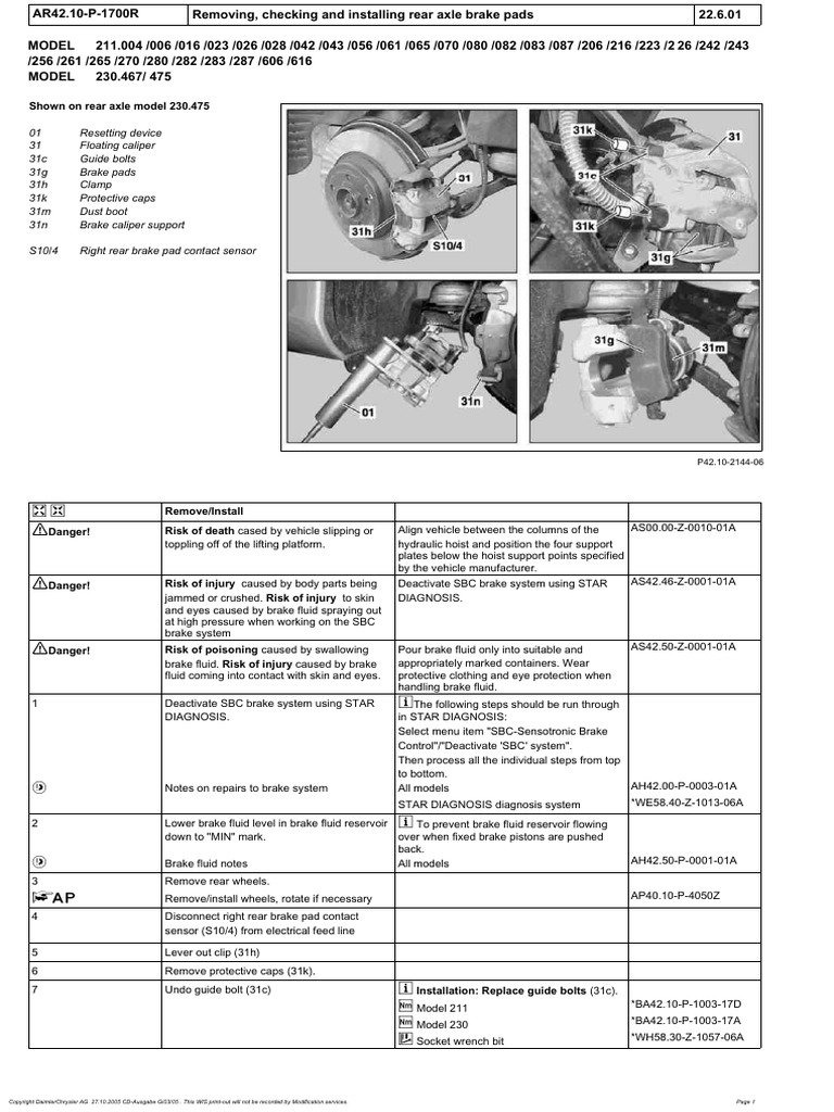 W211 Rear Brake Pads Remove Install Check - PDF - Mercedes Club | PDF ...