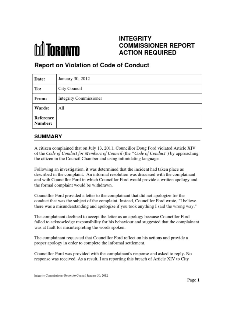 Integrity Commissioner Report Action Required Report On Violation of ...