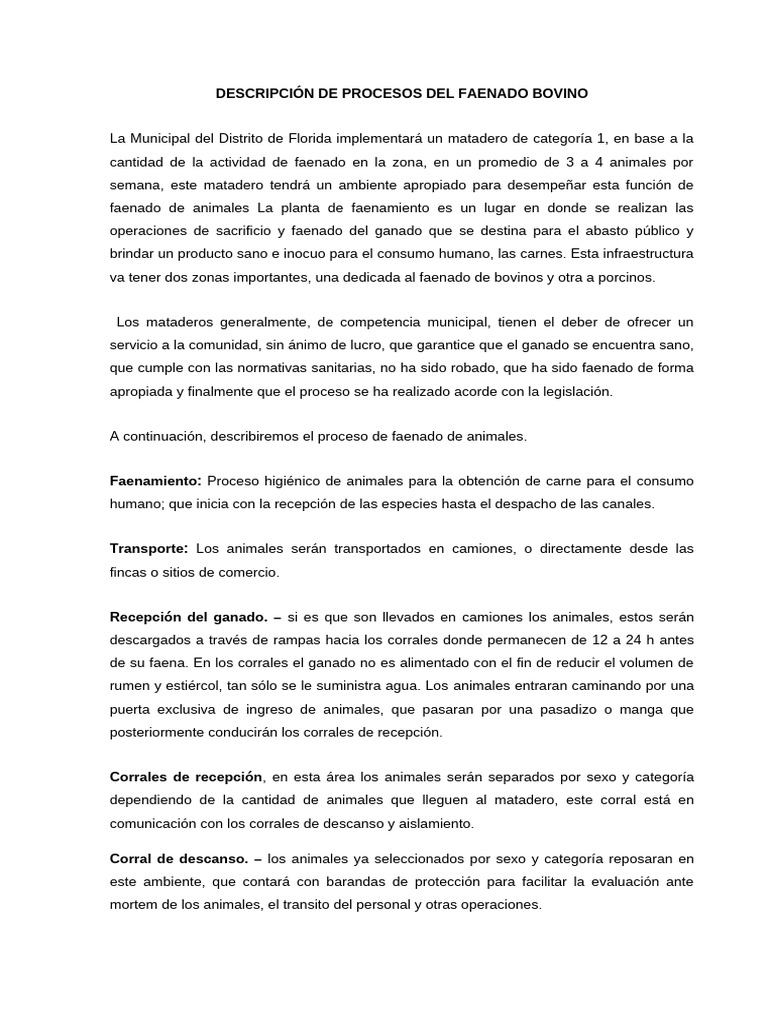 DESCRIPCION PROCESOS DEL FAENADO bovinos | PDF | Matadero | Carne