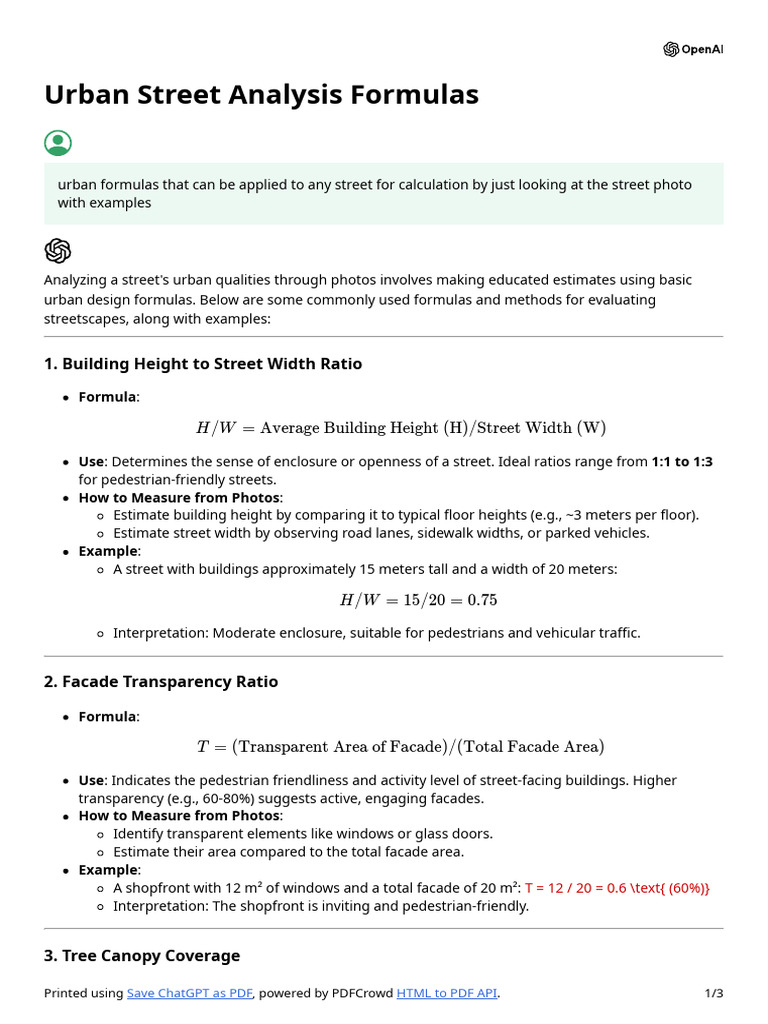Urban Street Analysis Formulas Guide | PDF | Area | Street