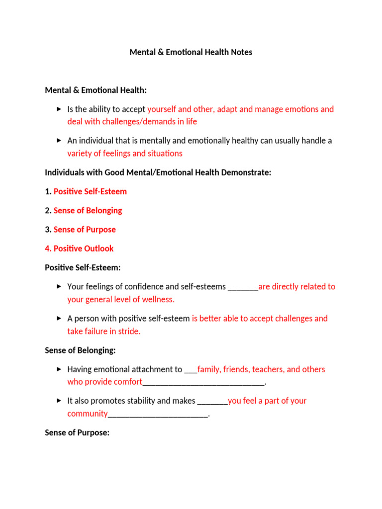 Kingston Mental+and+Emotional+Health+Notes+Fill+In | PDF | Self Esteem ...