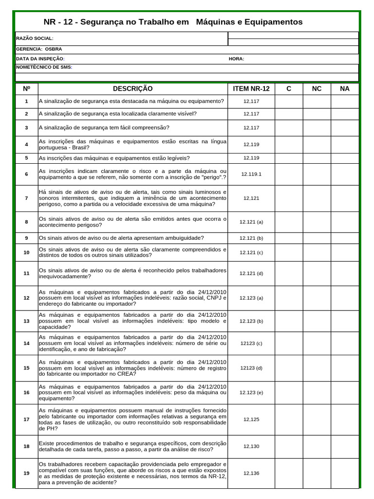 Check-list-NR12-Xls-Pronto-modelo 2 | PDF | Máquinas | Trator