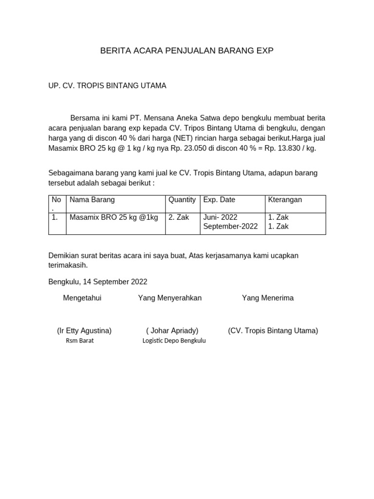 BERITA ACARA PENJUALAN BARANG EXP | PDF