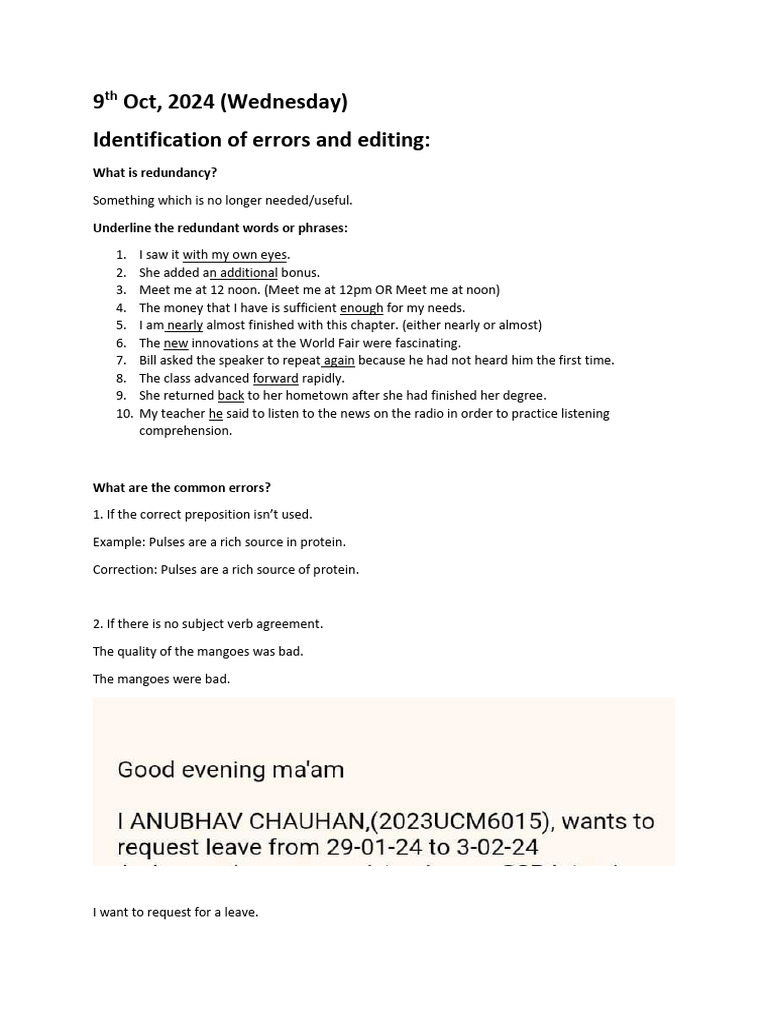 9 Oct, 2024 (Wednesday) Identification of Errors and Editing | PDF ...
