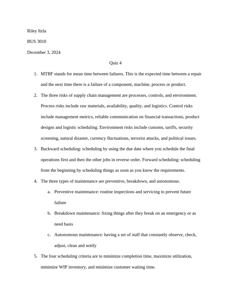 BUS 3010 - Quiz 4 | PDF