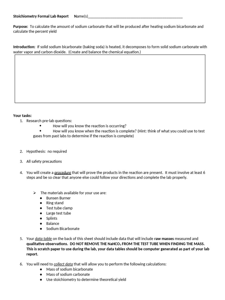 Sodium Bicarbonate Stoich Lab | PDF | Stoichiometry | Sodium Bicarbonate