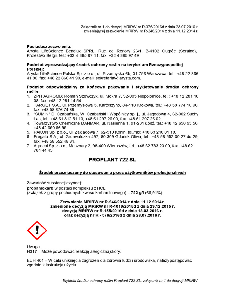 Proplant 722 SL Propamokarb Etykieta | PDF