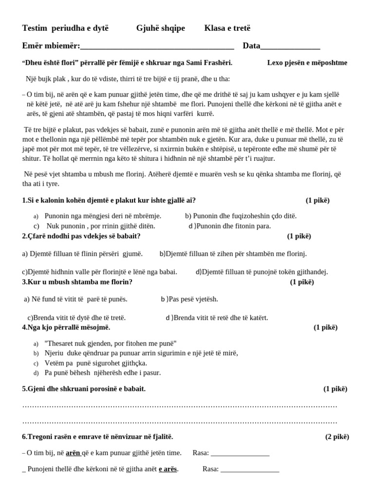 Gjuhë Shqipe Klasa 3 Testim Periudha e Dyte | PDF
