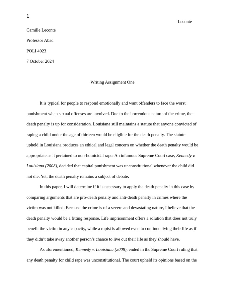 Writing Assignment 1 | PDF | Capital Punishment | Crimes