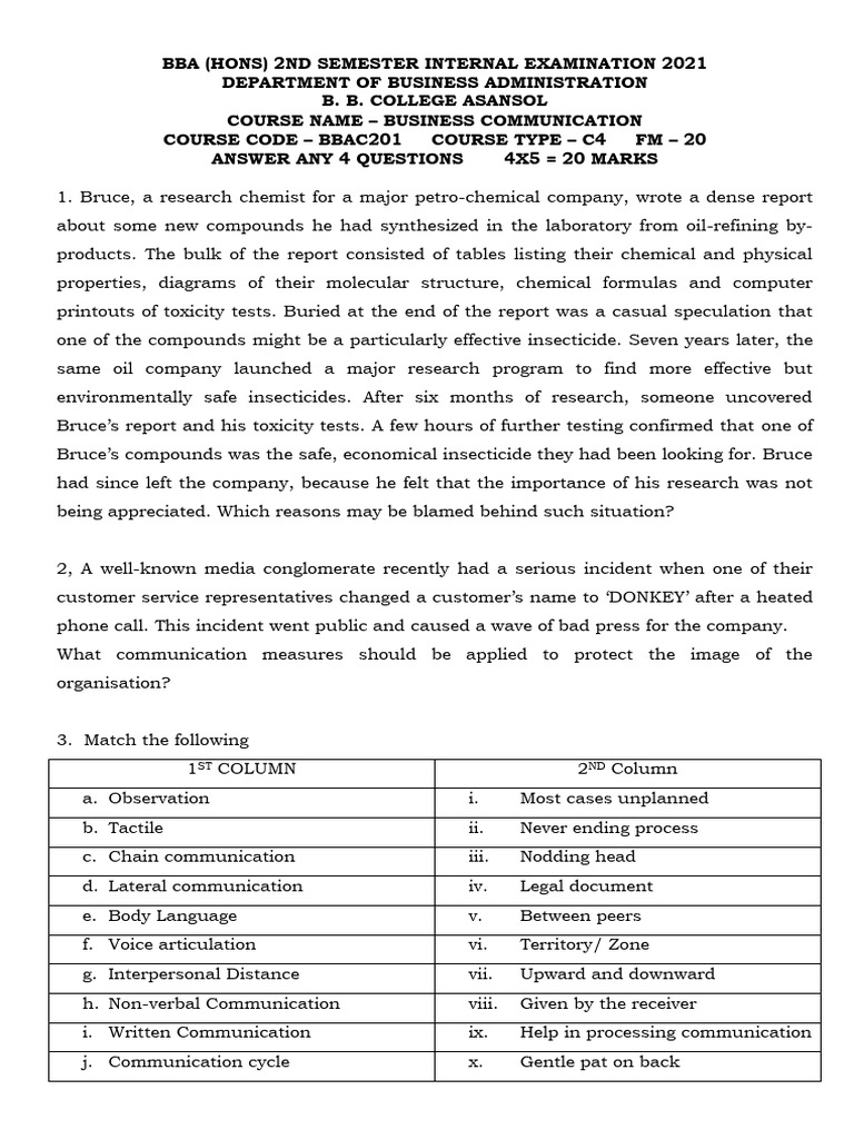 2nd Sem Business Communication Internal 2021 QP | PDF | Communication