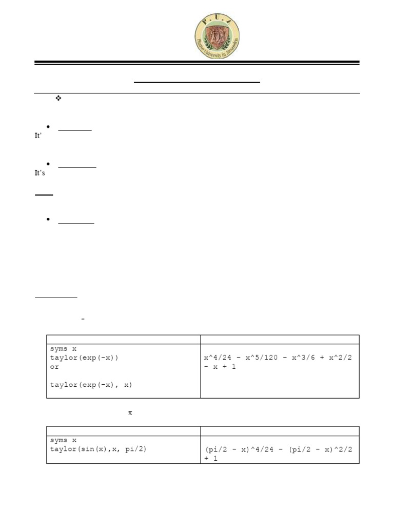EBS 101_Math1_MATLAB_Session 8_ Taylor and Maclaurin Series_2024-2025 | PDF | Mathematics Of ...