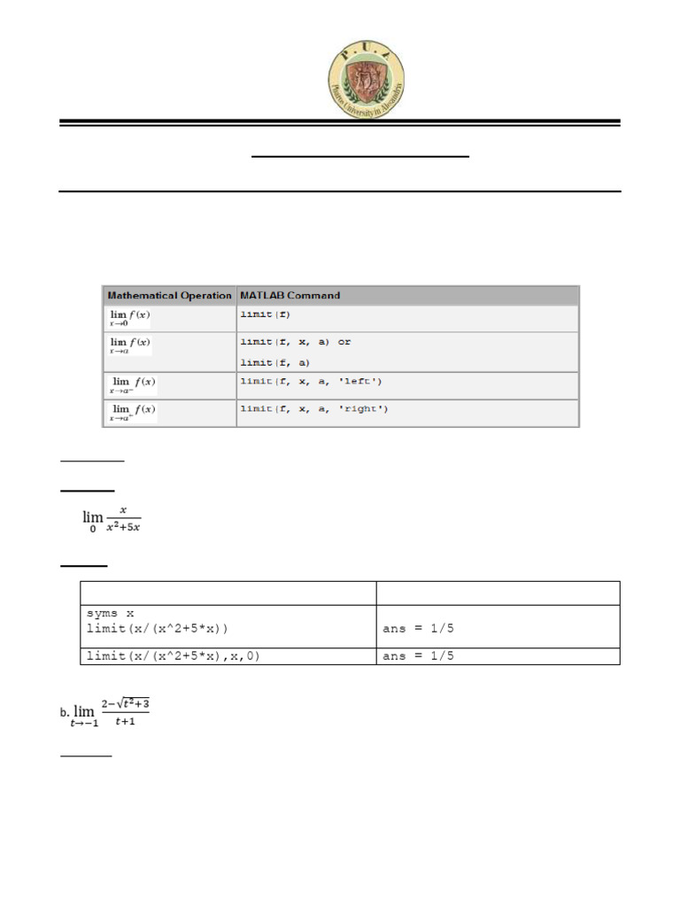 EBS101 - Math1 - MATLAB - Session 9 - Limits - 2024-2025 | PDF | Matlab | Computer Programming