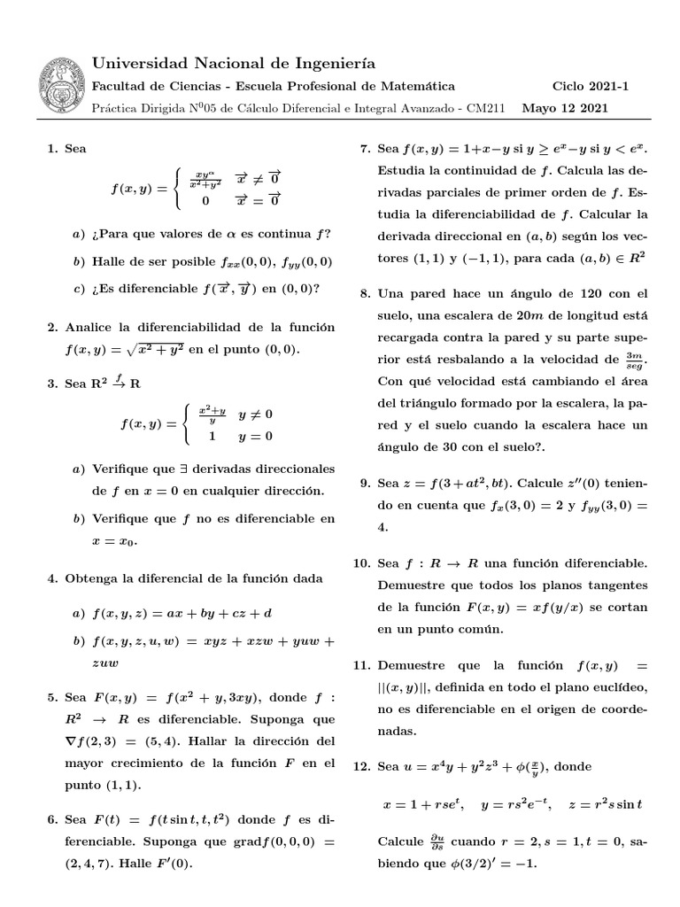 PD5 2021-I | PDF | Matemáticas | Análisis matemático