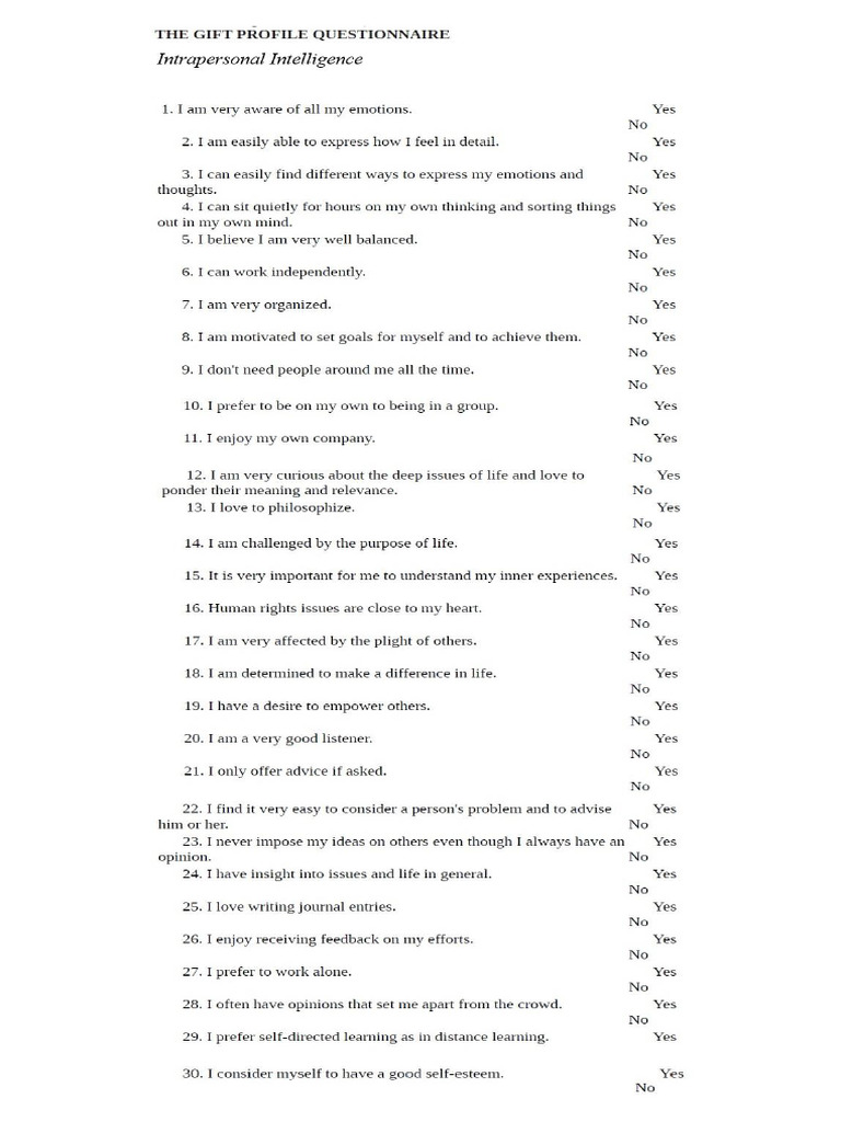THE GIFT PROFILE QUESTIONNAIRE - INTRAPERSONAL INTELLIGENCE | PDF