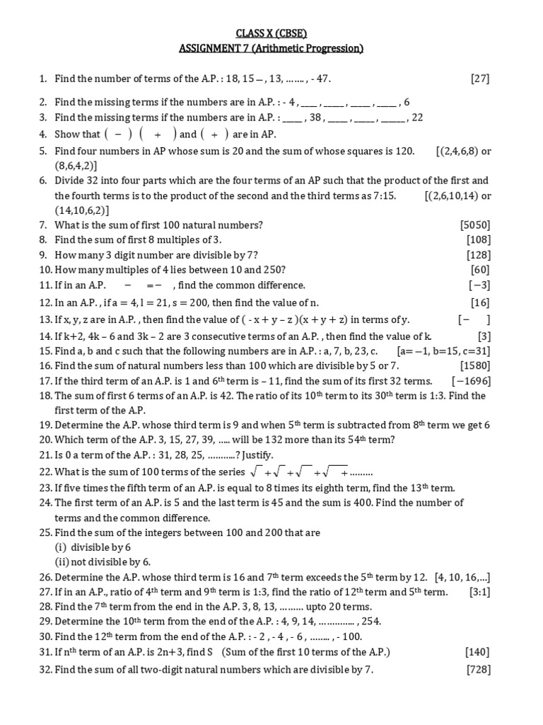 WORKSHEET 7 - CBSE - X (Arithmetic Progression) | PDF | Mathematical ...