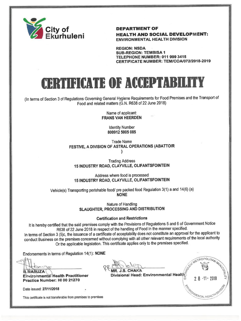 Olifantsfontein Certificate of Acceptability | PDF