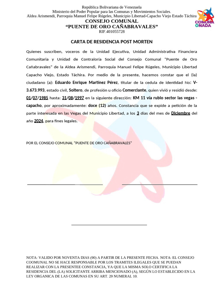 CARTA DE RESIDENCIA POST MORTEN Llena | PDF