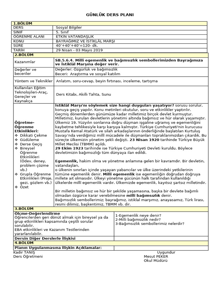 Günlük Ders Plani | PDF