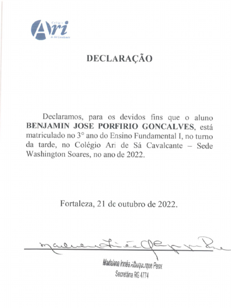Declaração Benjamin Jose Porfirio Goncalves | PDF