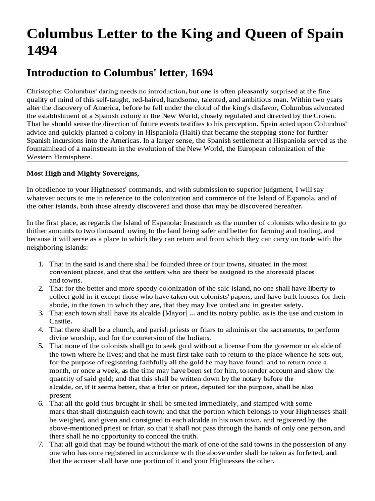 Columbus Letter To The King and Queen of Spain 1494 | PDF | Christopher ...