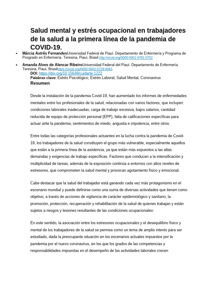 Estrés y salud mental en trabajadores de salud | PDF | Estrés (biología ...