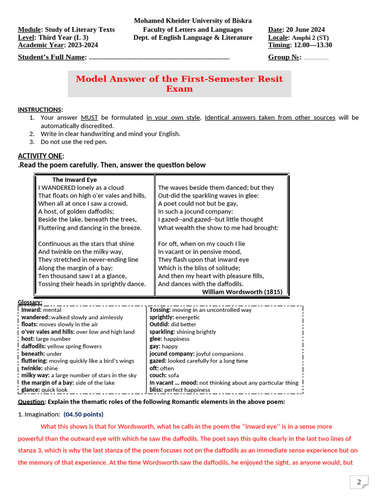 Model Answer of The First Semester Resit Exam Literature January 2024C ...