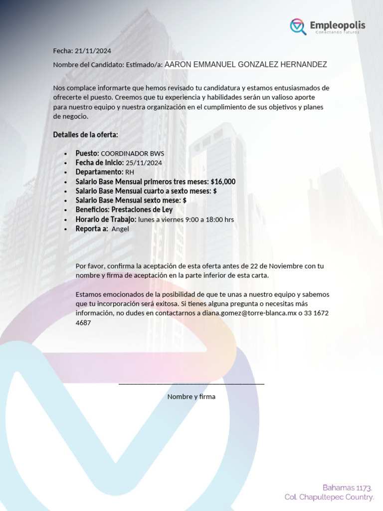 Carta Oferta Laboral | PDF