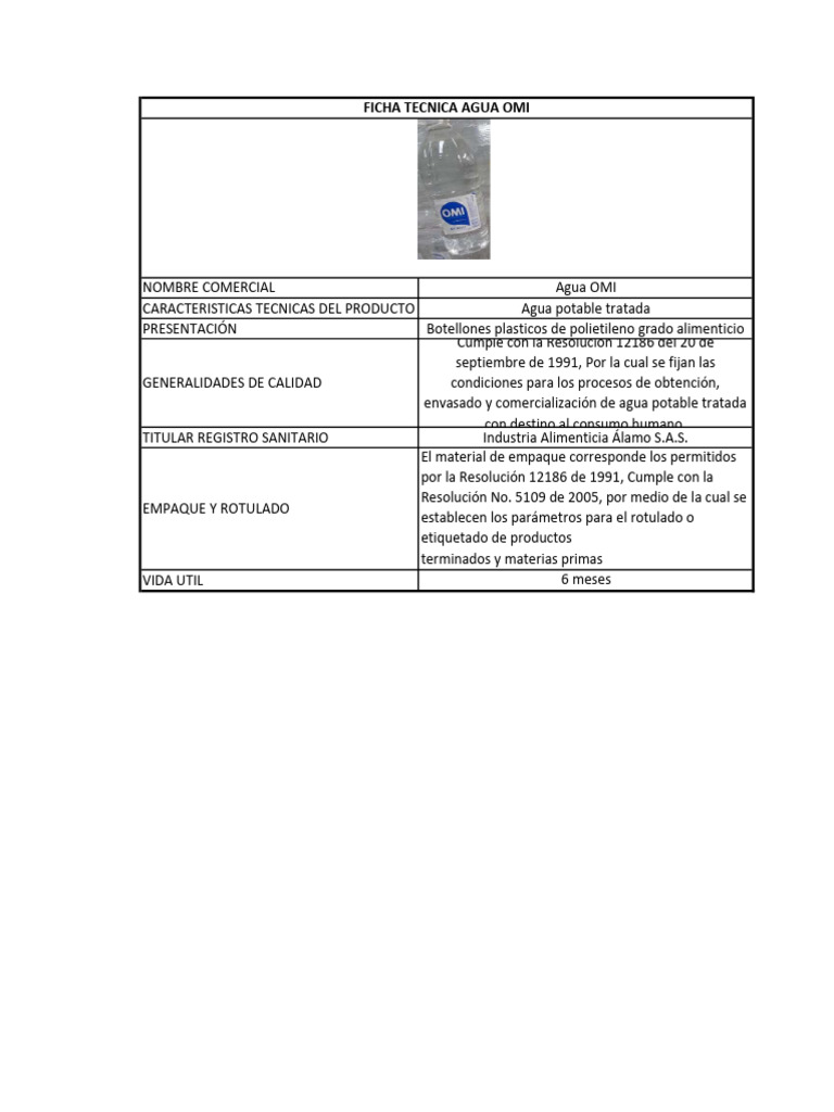 Ficha Tecnica Agua Omi | PDF