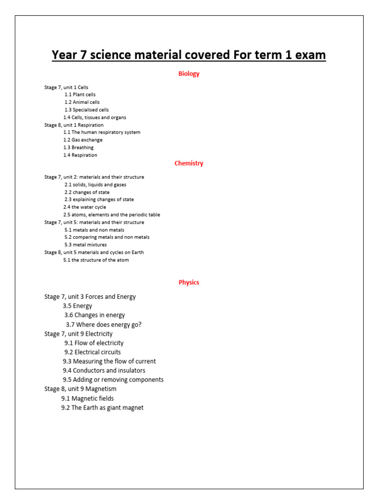 Year 7 Science Material Covered For Term 1 Exam | PDF