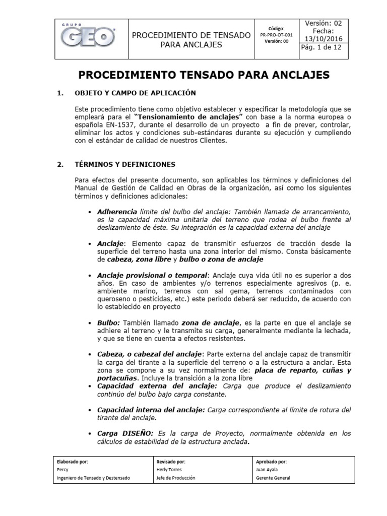 Procedimiento de Tensado de Anclajes | PDF