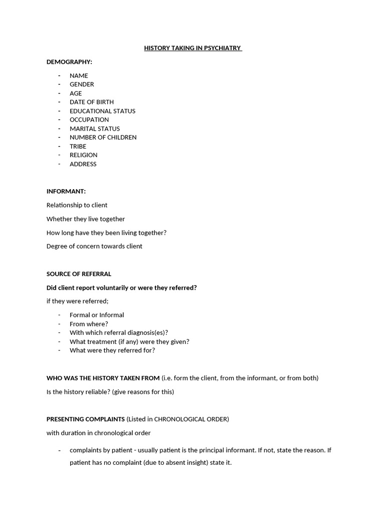 History Taking in Psychiatry | PDF | Mental Disorder | Substance Abuse