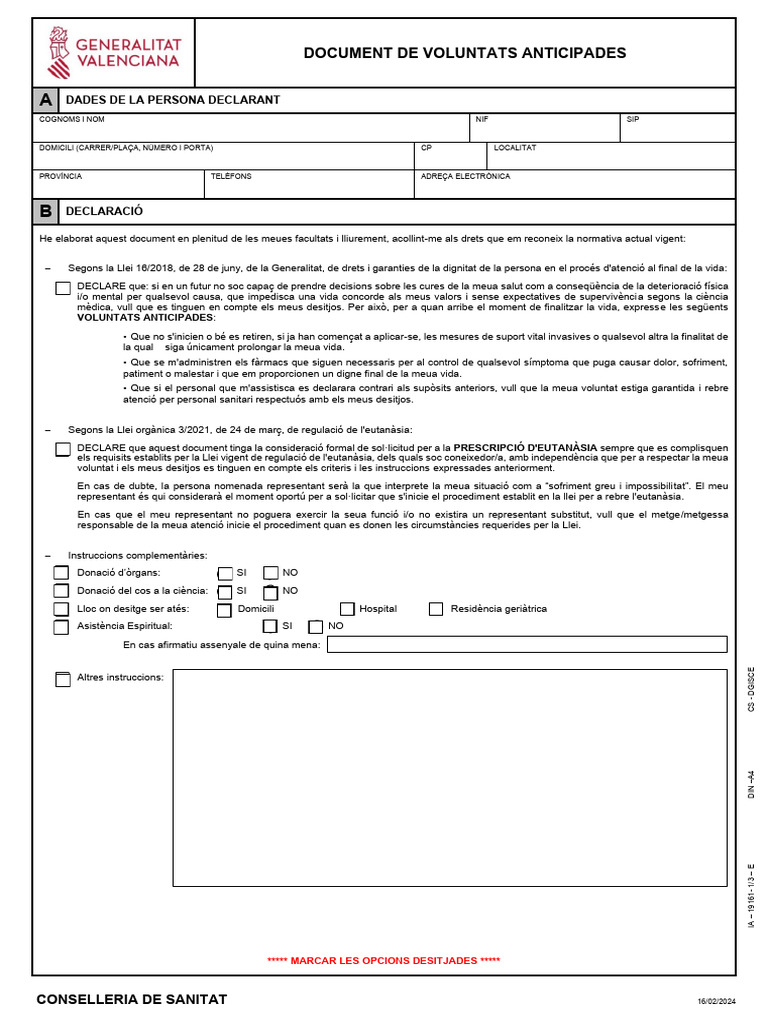 Document de Voluntats Anticipades: Dades de La Persona Declarant | PDF