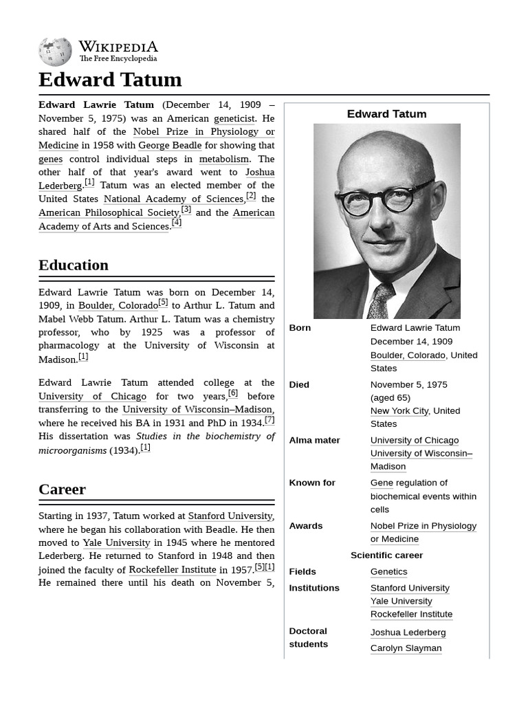 Edward_Tatum | PDF | Biotechnology | Biochemistry