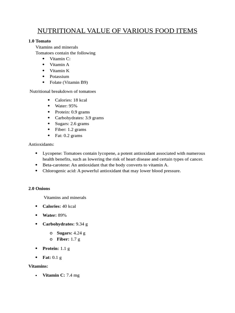 Nutritional Value of The Various Food Items | PDF | Fat | Vitamin