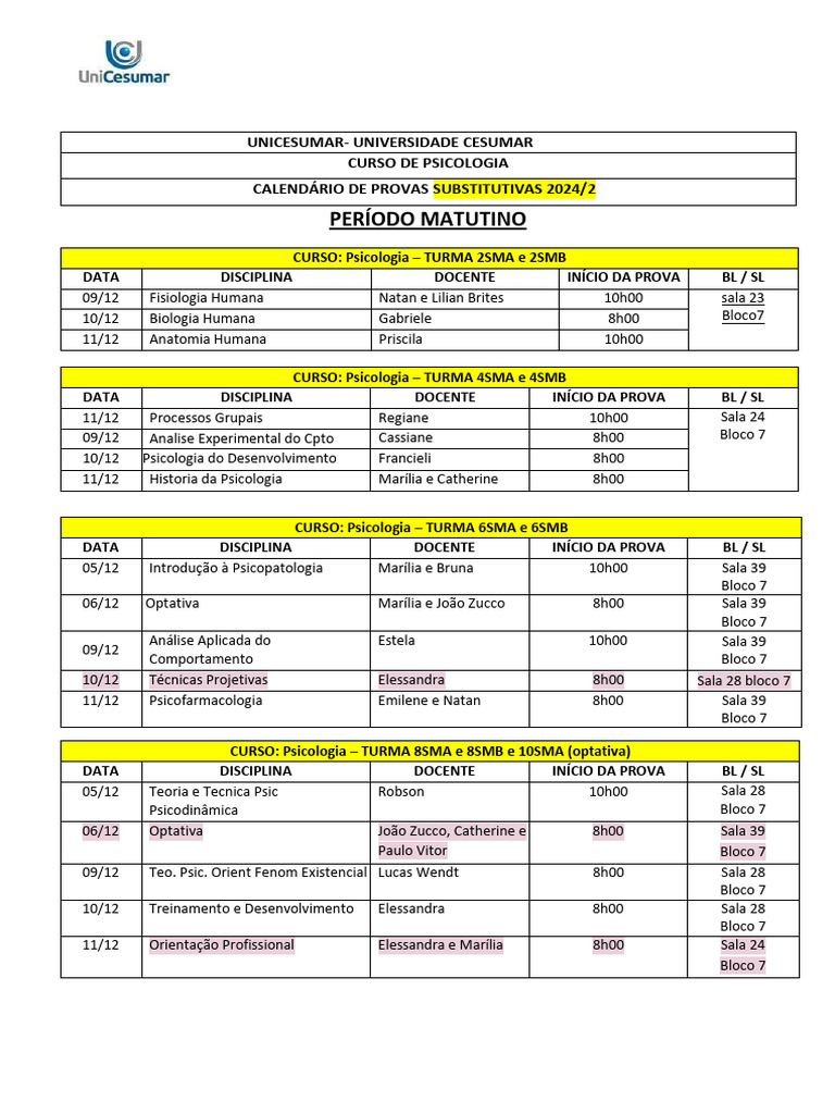 Calendario Subs 2024-2 | PDF | Psicologia | Psicologia Aplicada