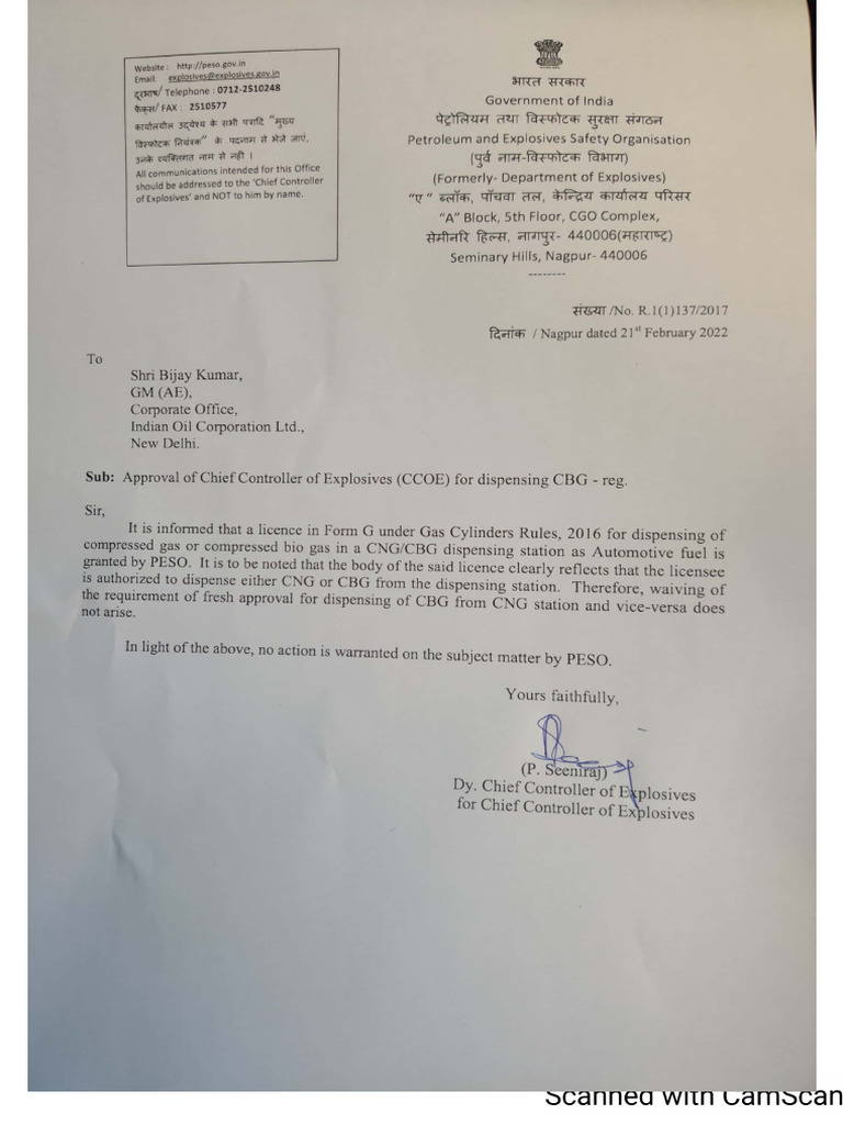 Chief Controller of Explosives For Dispensing CBG Approval | PDF