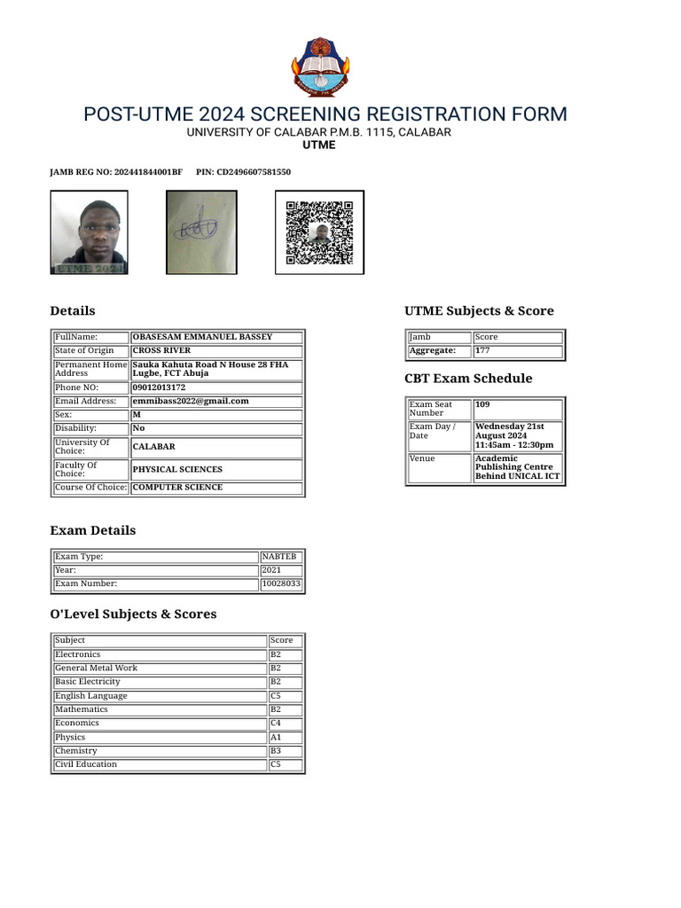 UNICAL 2024 Post-UTME Registration Form | PDF