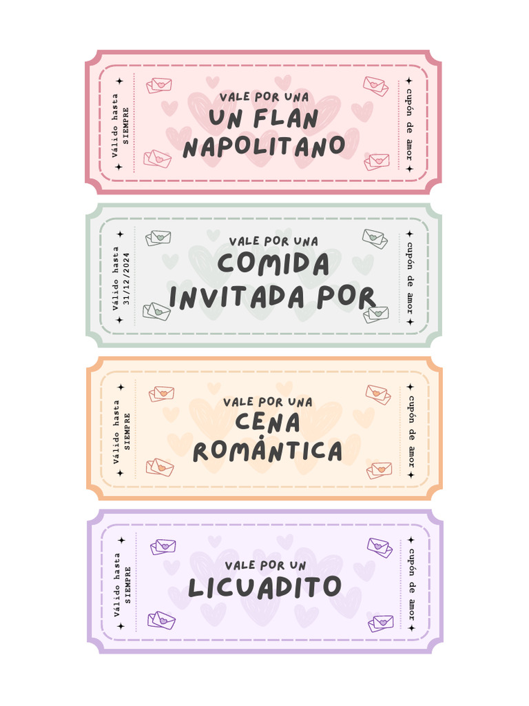 Cupón De Amor Vales Para San Valentín Cumpleaños Imprimibles Románticos