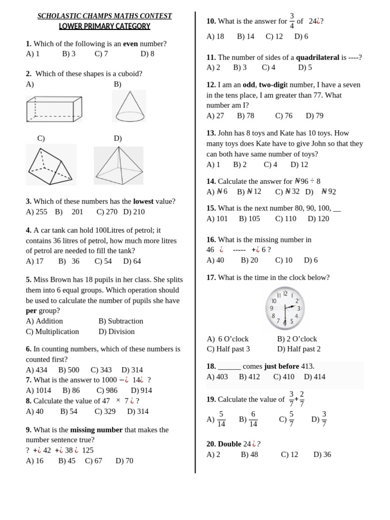 Scholastic Champs Maths Contest Questions | PDF | Elementary ...