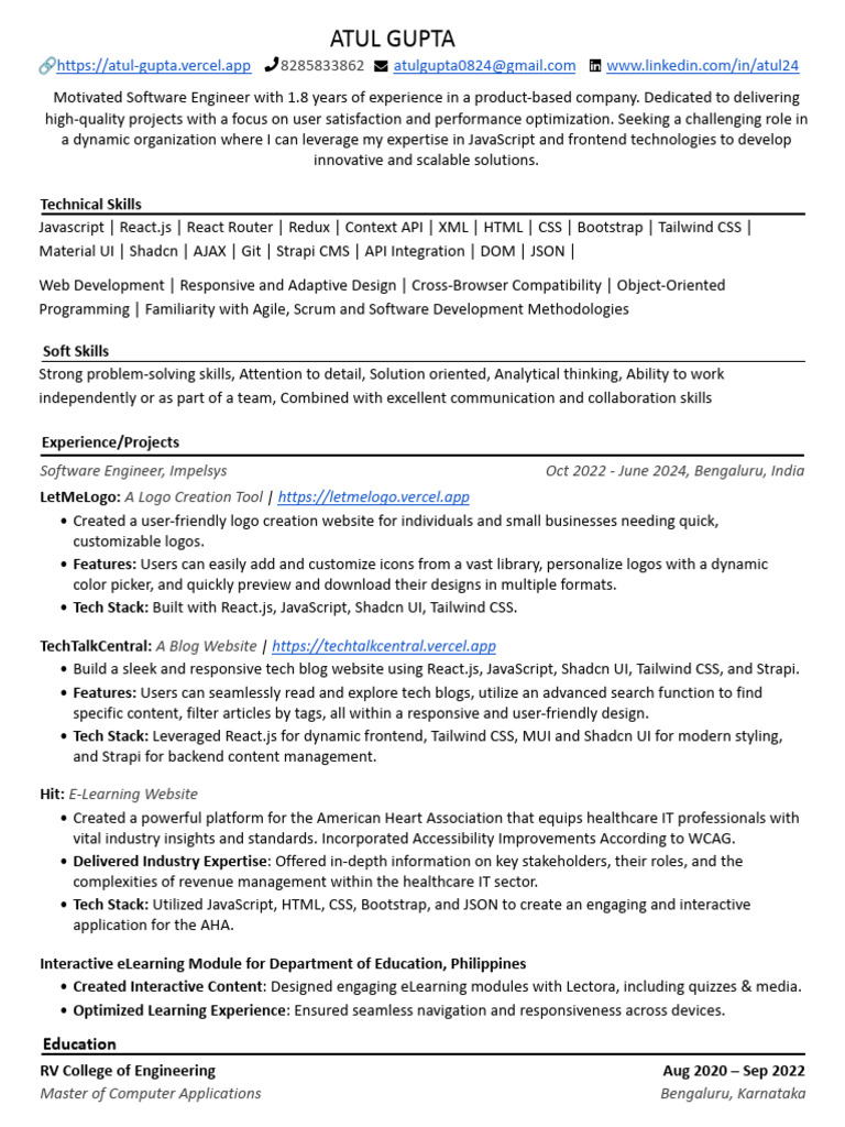 Atul Gupta - Resume - Software Engineer PDF | PDF | Java Script | Websites