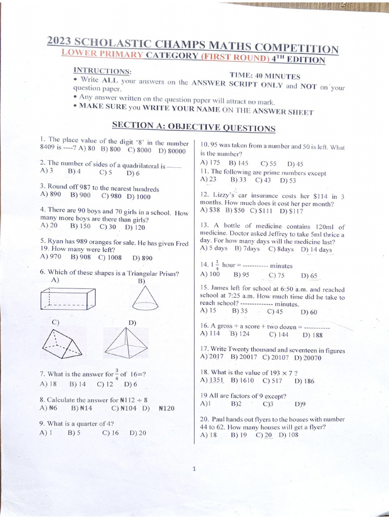 Scholastic Maths Competition 4th Edition (First Round) | PDF