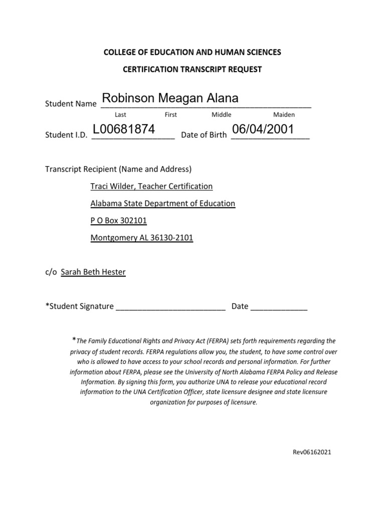 COEHS Transcript Release Form Fillable | PDF