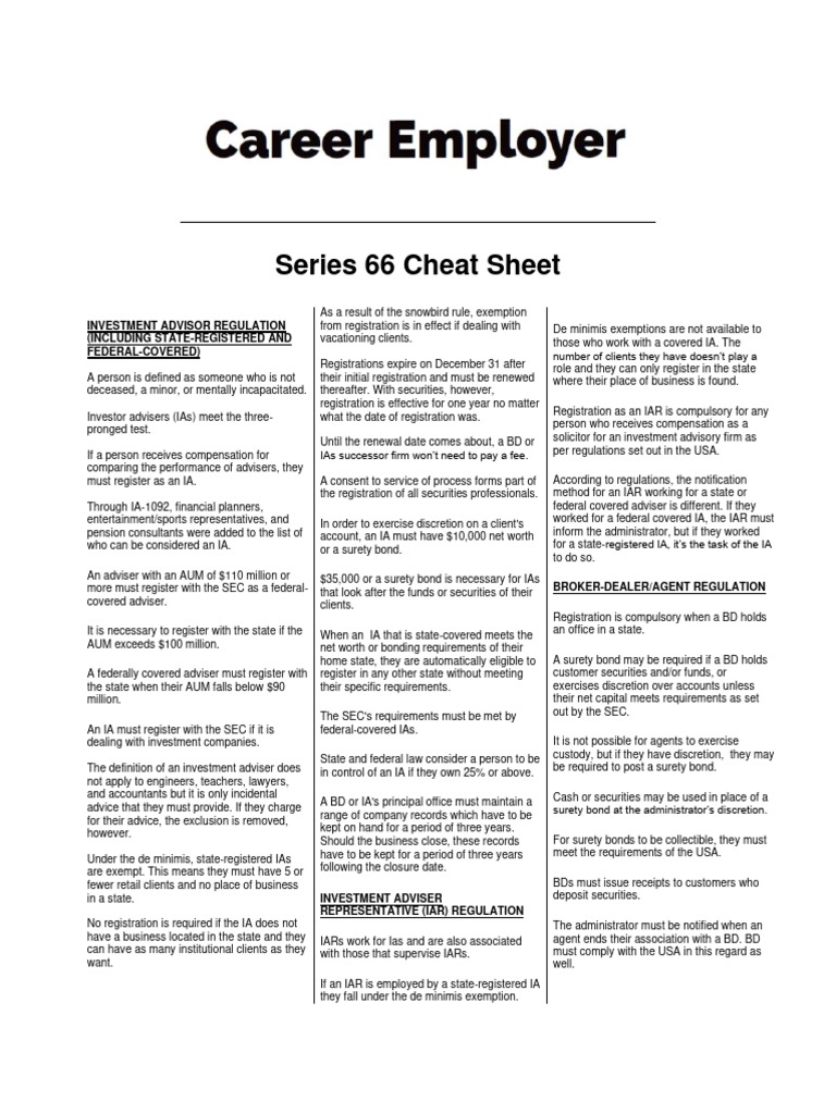 Series 66 Exam Cheat Sheet Overview | PDF | Bonds (Finance) | Financial ...