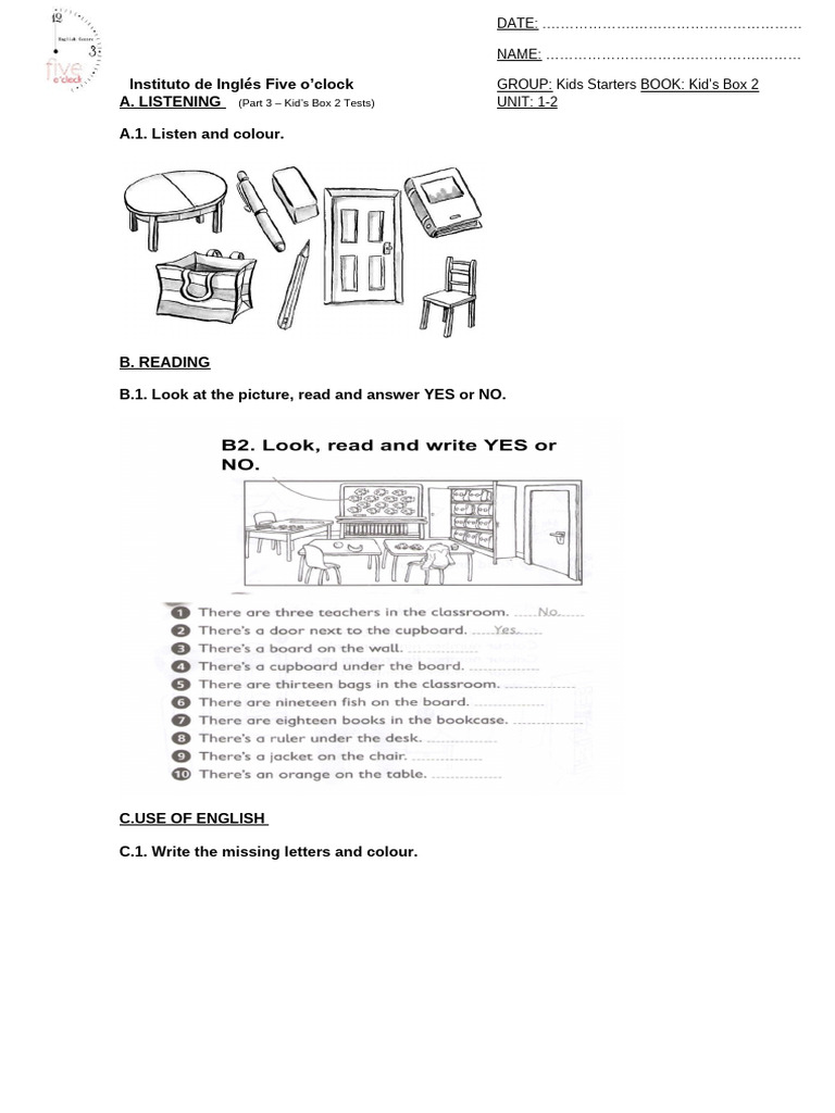 Test Unit 1-2 Kids Starters (1) | PDF