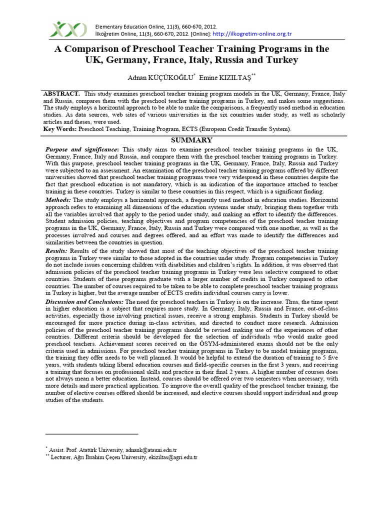 Almanya, Fransa, - Ngiltere, - Talya, Rusya Ve T - Rkiye Okul - Ncesi - Retmen Yeti - Tirme ...